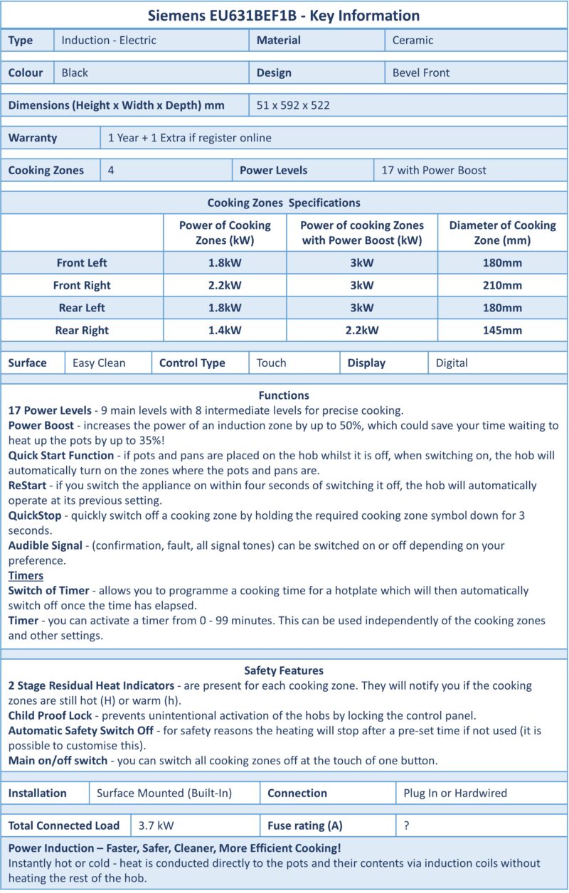 Siemens Induction Hob EU631BEF1B at Wades (Appliance sales and rentals ...